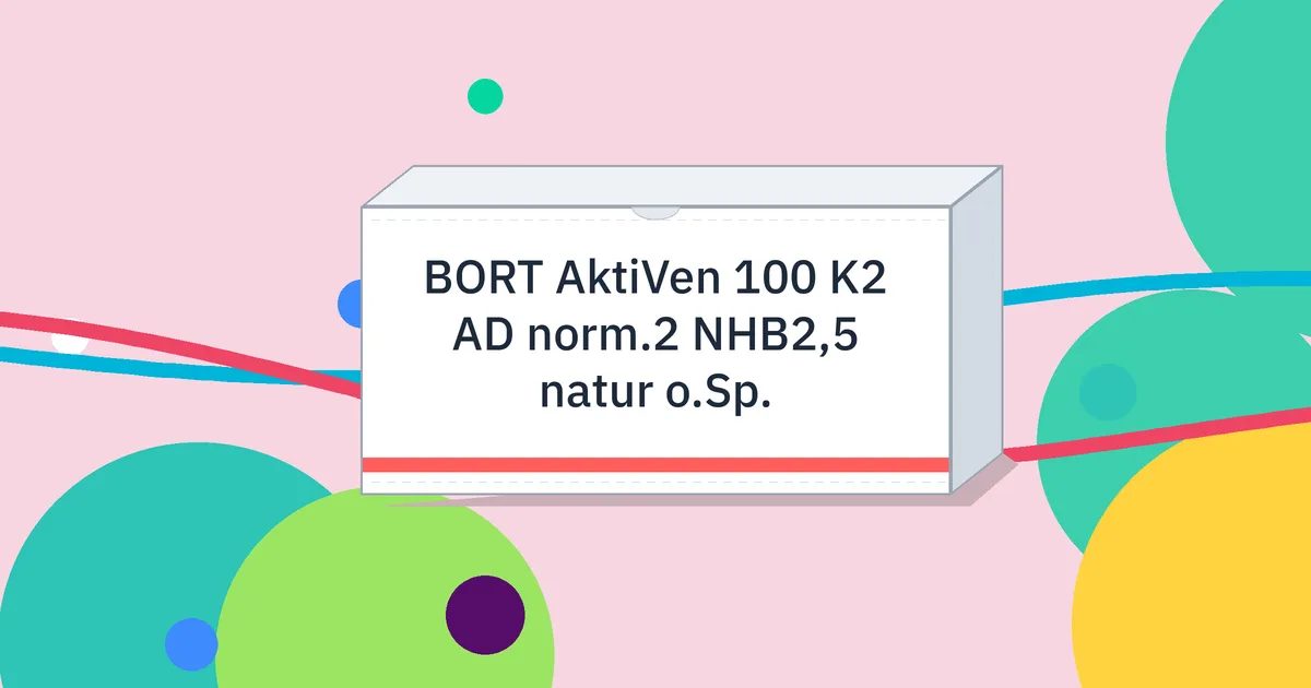 Symbolbild: Packung mit der Aufschrift BORT AktiVen 100 K2 AD norm.2 NHB2,5 natur o.Sp. (PZN 17498576) – Verfügbarkeit und Bezug in Apotheken in Frankfurt am Main