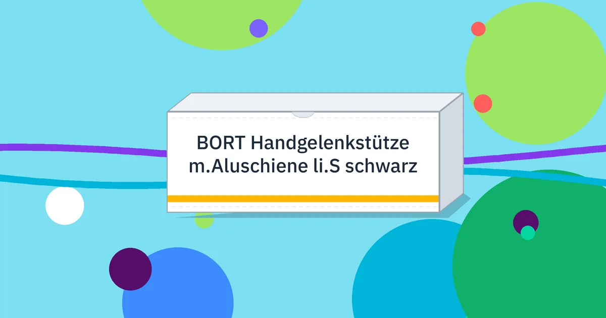 Symbolbild: Packung mit der Aufschrift BORT Handgelenkstütze m.Aluschiene li.S schwarz (PZN 05539442) – Verfügbarkeit und Bezug in Apotheken in Frankfurt am Main