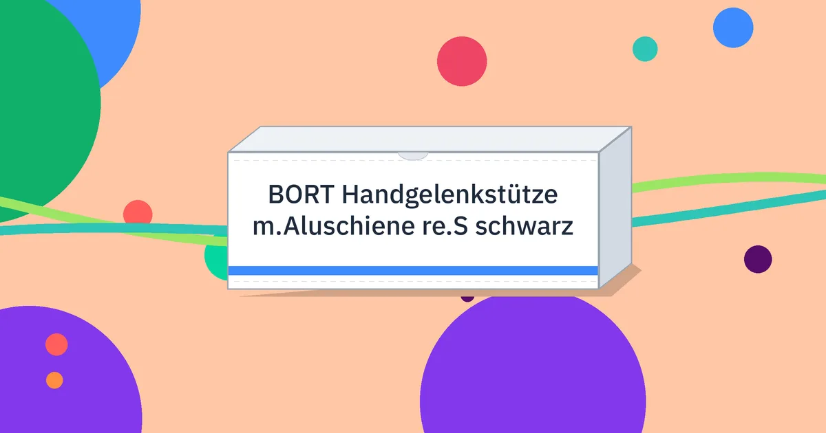 Symbolbild: Packung mit der Aufschrift BORT Handgelenkstütze m.Aluschiene re.S schwarz (PZN 05539382) – Verfügbarkeit und Bezug in Apotheken in Frankfurt am Main