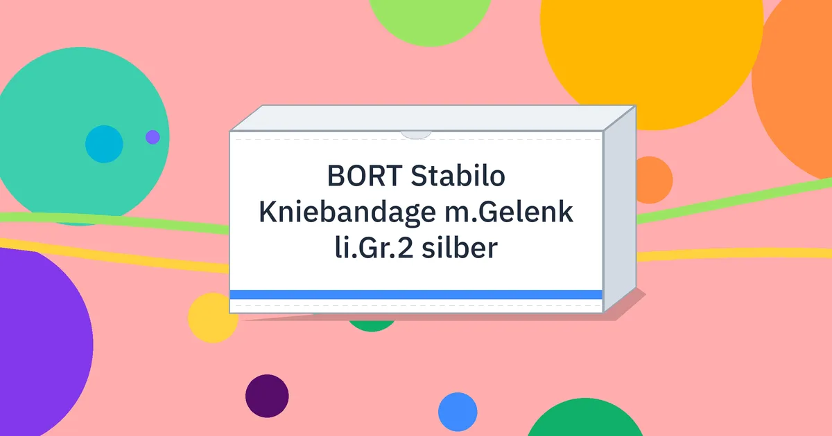 Symbolbild: Packung mit der Aufschrift BORT Stabilo Kniebandage m.Gelenk li.Gr.2 silber (PZN 16845780) – Verfügbarkeit und Bezug in Apotheken in Frankfurt am Main