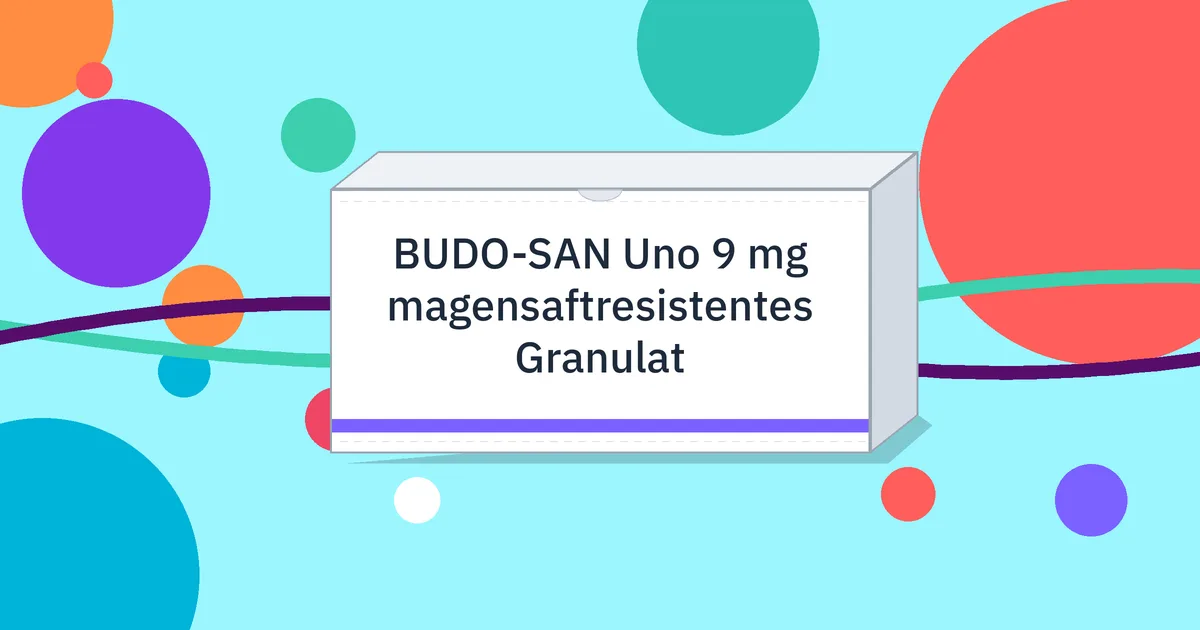 Symbolbild: Packung mit der Aufschrift BUDO-SAN Uno 9 mg magensaftresistentes Granulat (PZN 14180715) – Verfügbarkeit und Bezug in Apotheken in Frankfurt am Main