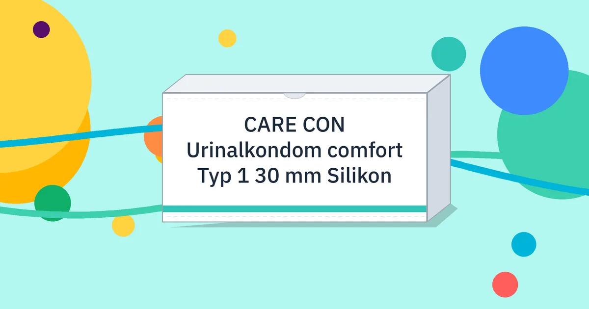 Symbolbild: Packung mit der Aufschrift CARE CON Urinalkondom comfort Typ 1 30 mm Silikon (PZN 17520620) – Verfügbarkeit und Bezug in Apotheken in Frankfurt am Main