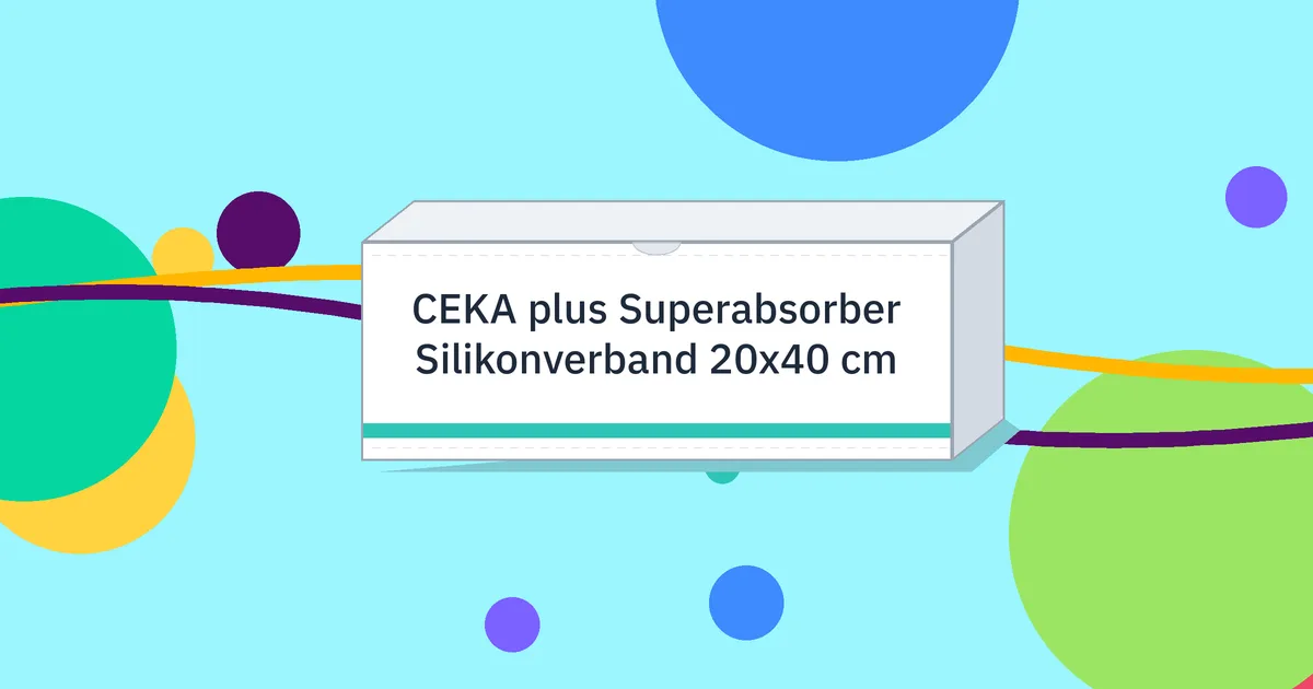 Symbolbild: Packung mit der Aufschrift CEKA plus Superabsorber Silikonverband 20x40 cm (PZN 20378338) – Verfügbarkeit und Bezug in Apotheken in Frankfurt am Main