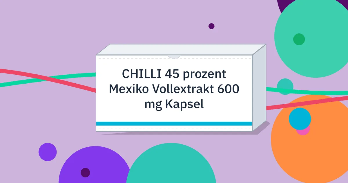 Symbolbild: Packung mit der Aufschrift CHILLI 45 prozent Mexiko Vollextrakt 600 mg Kapsel (PZN 12725754) – Verfügbarkeit und Bezug in Apotheken in Frankfurt am Main