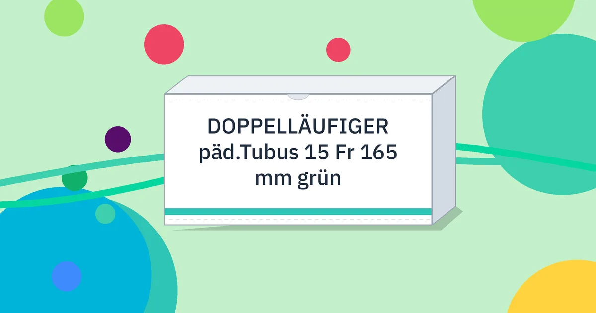 Symbolbild: Packung mit der Aufschrift DOPPELLÄUFIGER päd.Tubus 15 Fr 165 mm grün (PZN 09514367) – Verfügbarkeit und Bezug in Apotheken in Frankfurt am Main