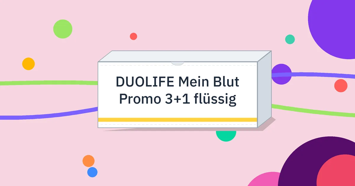 Symbolbild: Packung mit der Aufschrift DUOLIFE Mein Blut Promo 3+1 flüssig (PZN 16613408) – Verfügbarkeit und Bezug in Apotheken in Frankfurt am Main