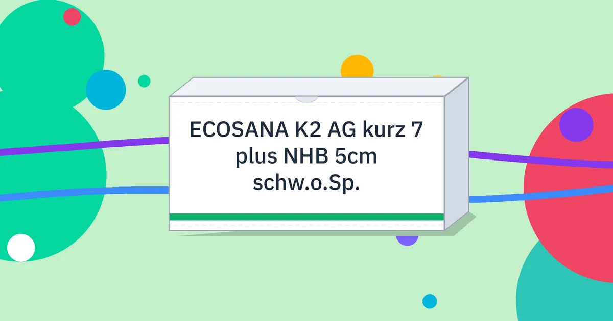 Symbolbild: Packung mit der Aufschrift ECOSANA K2 AG kurz 7 plus NHB 5cm schw.o.Sp. (PZN 01530496) – Verfügbarkeit und Bezug in Apotheken in Frankfurt am Main