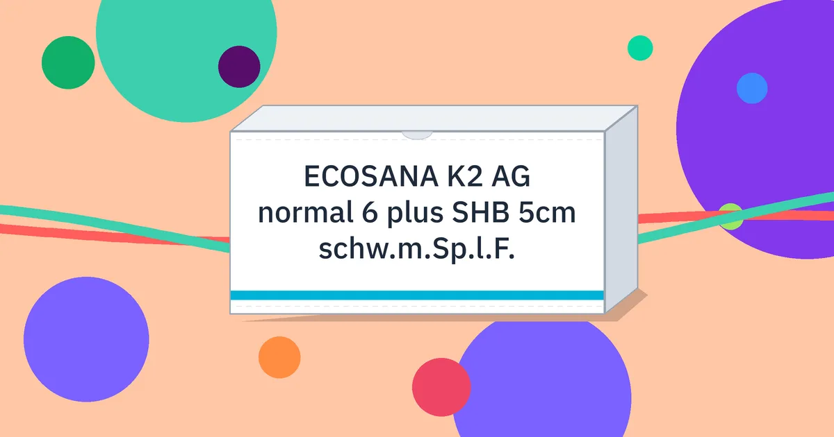 Symbolbild: Packung mit der Aufschrift ECOSANA K2 AG normal 6 plus SHB 5cm schw.m.Sp.l.F. (PZN 10957590) – Verfügbarkeit und Bezug in Apotheken in Frankfurt am Main