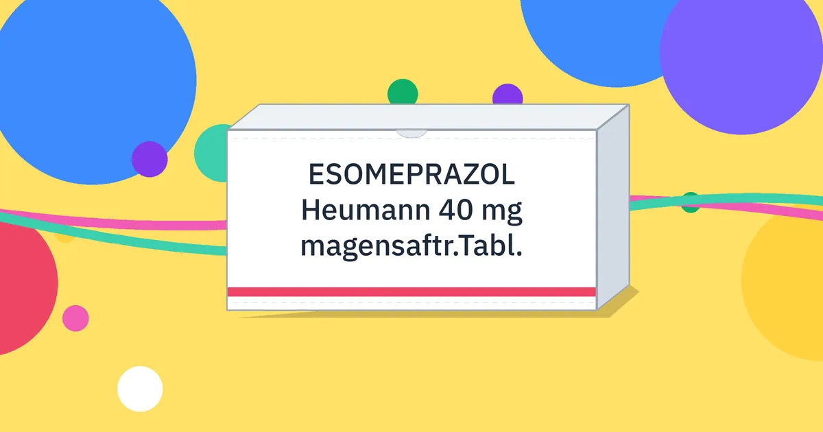 Symbolbild: Packung mit der Aufschrift ESOMEPRAZOL Heumann 40 mg magensaftr.Tabl. (PZN 08850258) – Verfügbarkeit und Bezug in Apotheken in Frankfurt am Main