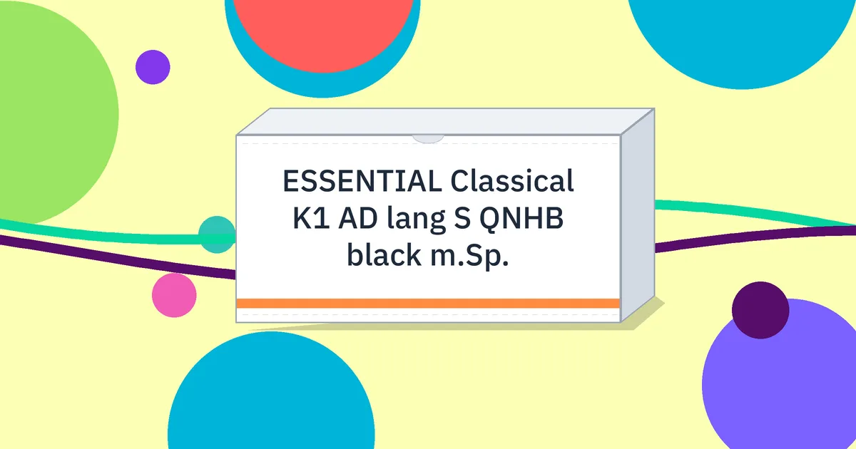 Symbolbild: Packung mit der Aufschrift ESSENTIAL Classical K1 AD lang S QNHB black m.Sp. (PZN 18866668) – Verfügbarkeit und Bezug in Apotheken in Frankfurt am Main