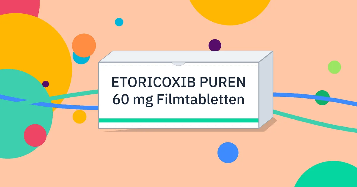 Symbolbild: Packung mit der Aufschrift ETORICOXIB PUREN 60 mg Filmtabletten (PZN 12361683) – Verfügbarkeit und Bezug in Apotheken in Frankfurt am Main