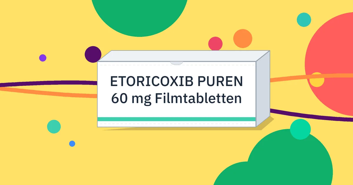 Symbolbild: Packung mit der Aufschrift ETORICOXIB PUREN 60 mg Filmtabletten (PZN 12361654) – Verfügbarkeit und Bezug in Apotheken in Frankfurt am Main