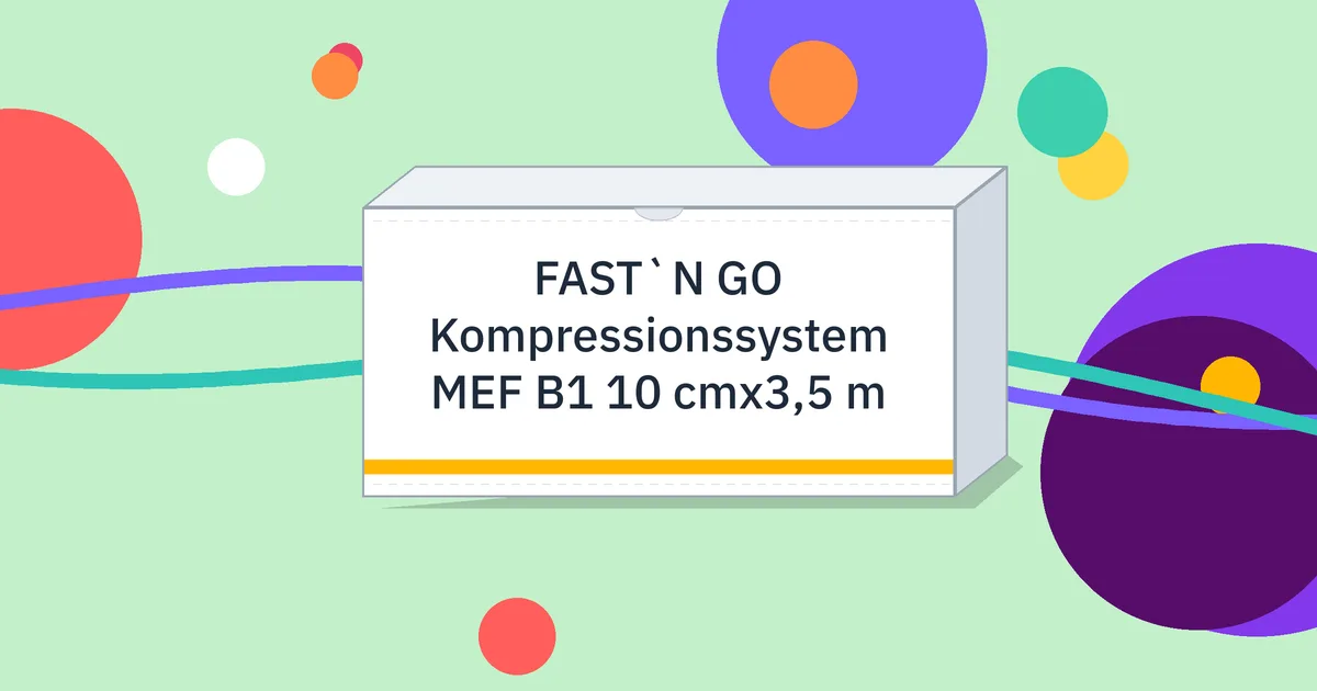 Symbolbild: Packung mit der Aufschrift FAST`N GO Kompressionssystem MEF B1 10 cmx3,5 m (PZN 15306489) – Verfügbarkeit und Bezug in Apotheken in Frankfurt am Main