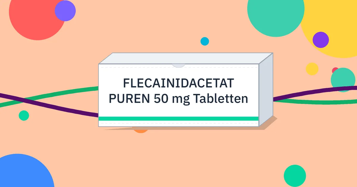 Symbolbild: Packung mit der Aufschrift FLECAINIDACETAT PUREN 50 mg Tabletten (PZN 13249988) – Verfügbarkeit und Bezug in Apotheken in Frankfurt am Main