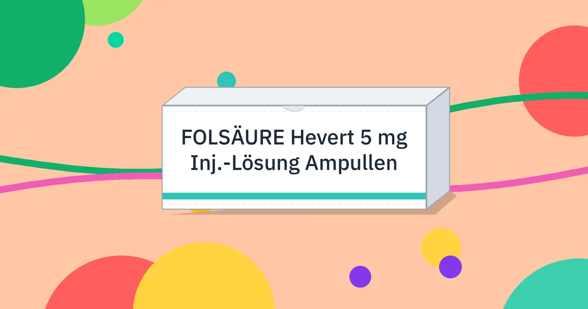 Symbolbild: Packung mit der Aufschrift FOLSÄURE Hevert 5 mg Inj.-Lösung Ampullen (PZN 04375458) – Verfügbarkeit und Bezug in Apotheken in Frankfurt am Main