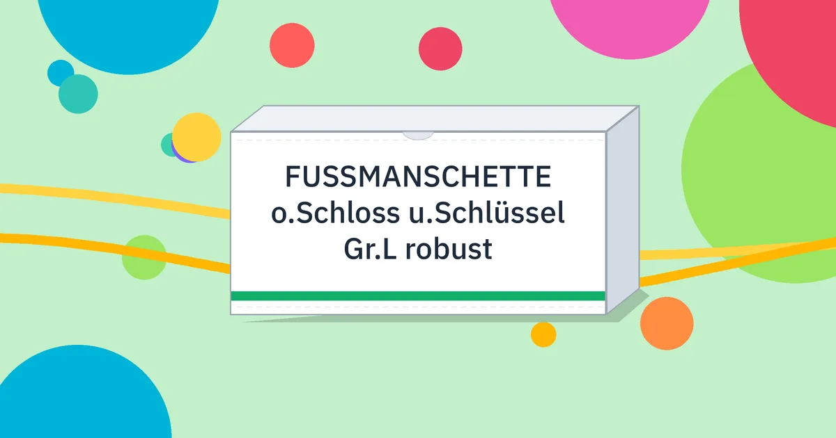 Symbolbild: Packung mit der Aufschrift FUSSMANSCHETTE o.Schloss u.Schlüssel Gr.L robust (PZN 09169031) – Verfügbarkeit und Bezug in Apotheken in Frankfurt am Main