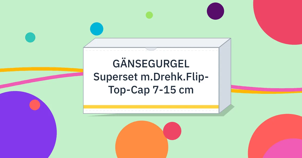 Symbolbild: Packung mit der Aufschrift GÄNSEGURGEL Superset m.Drehk.Flip-Top-Cap 7-15 cm (PZN 16159955) – Verfügbarkeit und Bezug in Apotheken in Frankfurt am Main