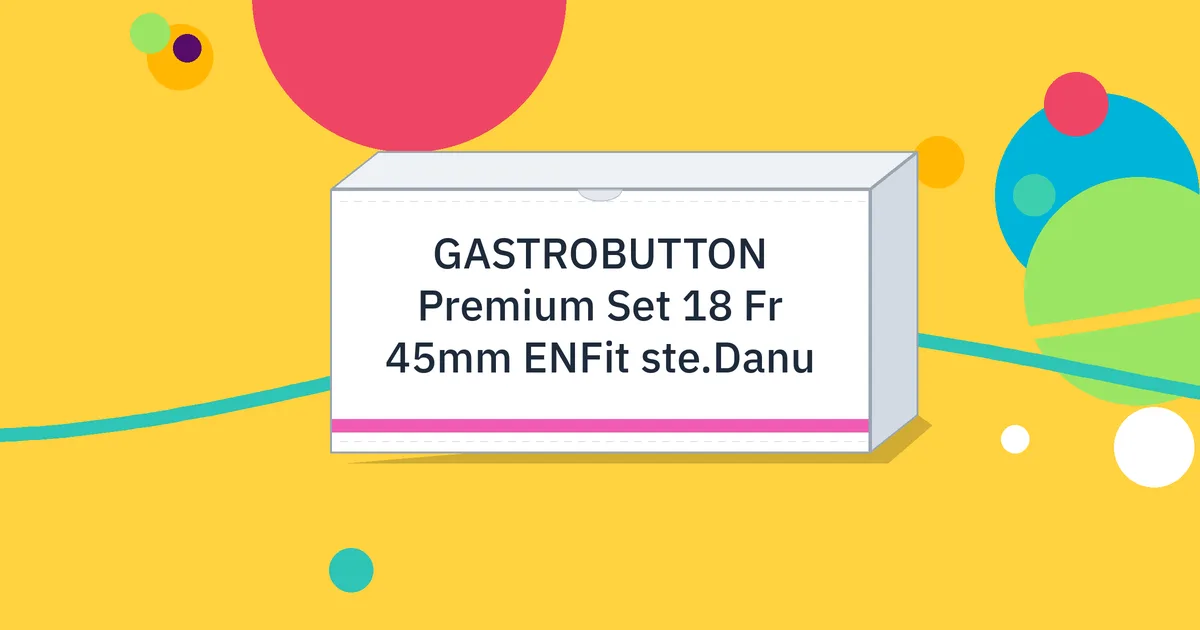 Symbolbild: Packung mit der Aufschrift GASTROBUTTON Premium Set 18 Fr 45mm ENFit ste.Danu (PZN 16883875) – Verfügbarkeit und Bezug in Apotheken in Frankfurt am Main