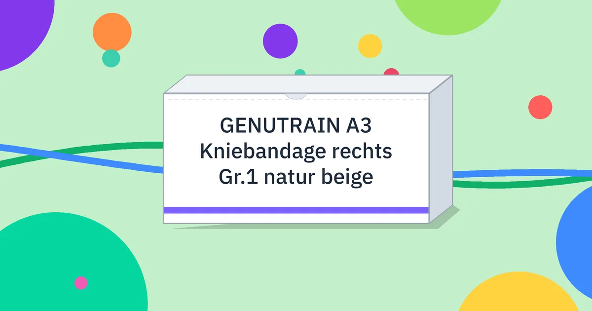 Symbolbild: Packung mit der Aufschrift GENUTRAIN A3 Kniebandage rechts Gr.1 natur beige (PZN 01071597) – Verfügbarkeit und Bezug in Apotheken in Frankfurt am Main