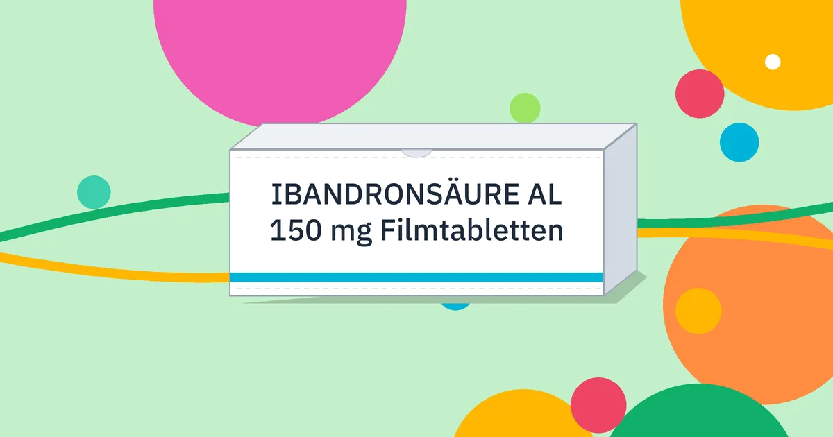 Symbolbild: Packung mit der Aufschrift IBANDRONSÄURE AL 150 mg Filmtabletten (PZN 09709875) – Verfügbarkeit und Bezug in Apotheken in Frankfurt am Main