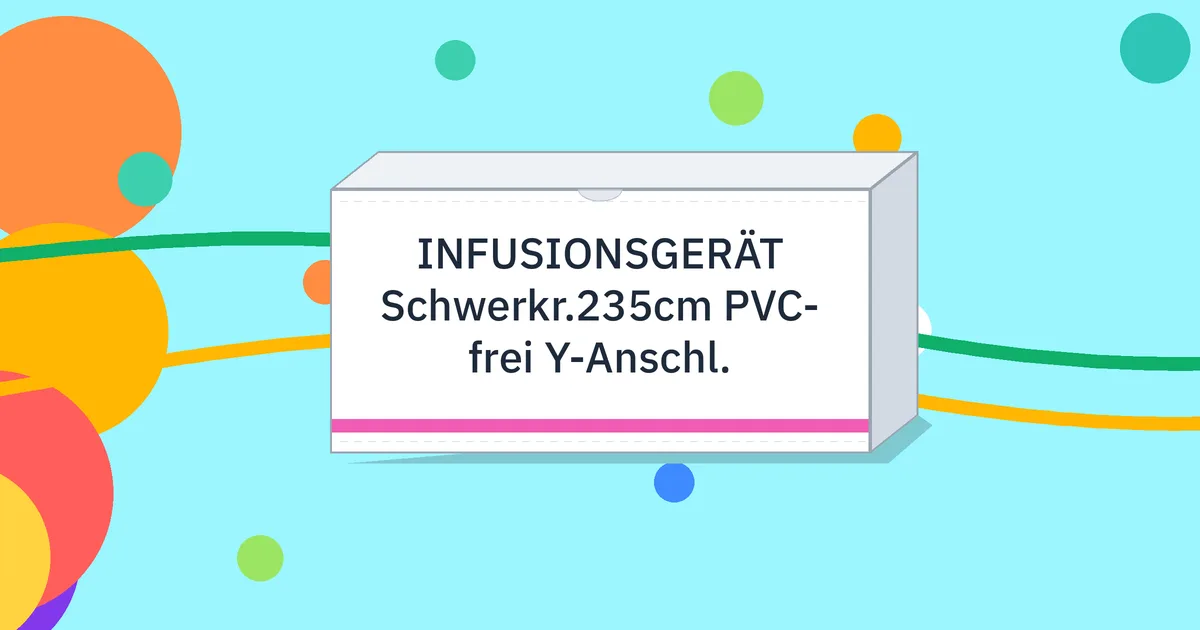 Symbolbild: Packung mit der Aufschrift INFUSIONSGERÄT Schwerkr.235cm PVC-frei Y-Anschl. (PZN 19893957) – Verfügbarkeit und Bezug in Apotheken in Frankfurt am Main