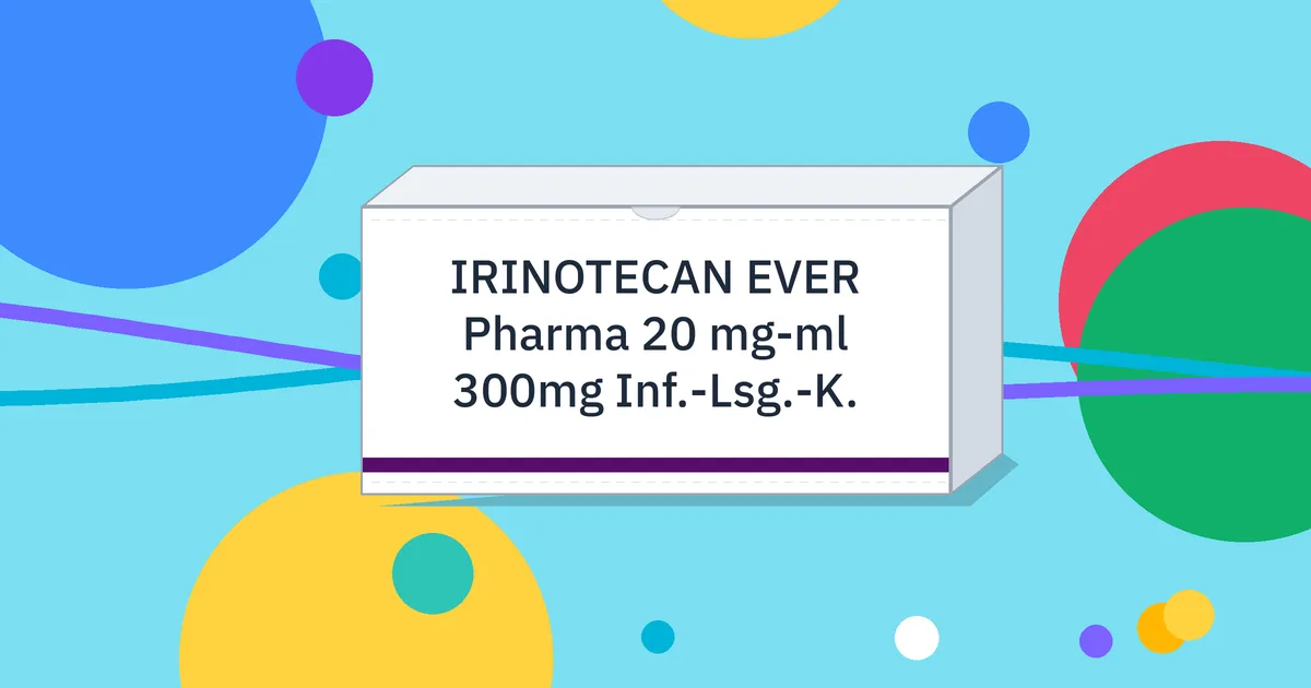 Symbolbild: Packung mit der Aufschrift IRINOTECAN EVER Pharma 20 mg-ml 300mg Inf.-Lsg.-K. (PZN 16149276) – Verfügbarkeit und Bezug in Apotheken in Frankfurt am Main