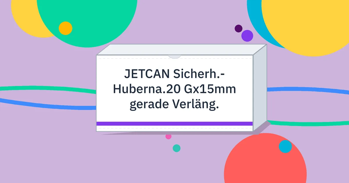 Symbolbild: Packung mit der Aufschrift JETCAN Sicherh.-Huberna.20 Gx15mm gerade Verläng. (PZN 20836025) – Verfügbarkeit und Bezug in Apotheken in Frankfurt am Main