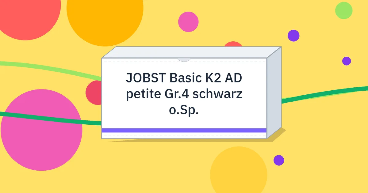 Symbolbild: Packung mit der Aufschrift JOBST Basic K2 AD petite Gr.4 schwarz o.Sp. (PZN 15310999) – Verfügbarkeit und Bezug in Apotheken in Frankfurt am Main
