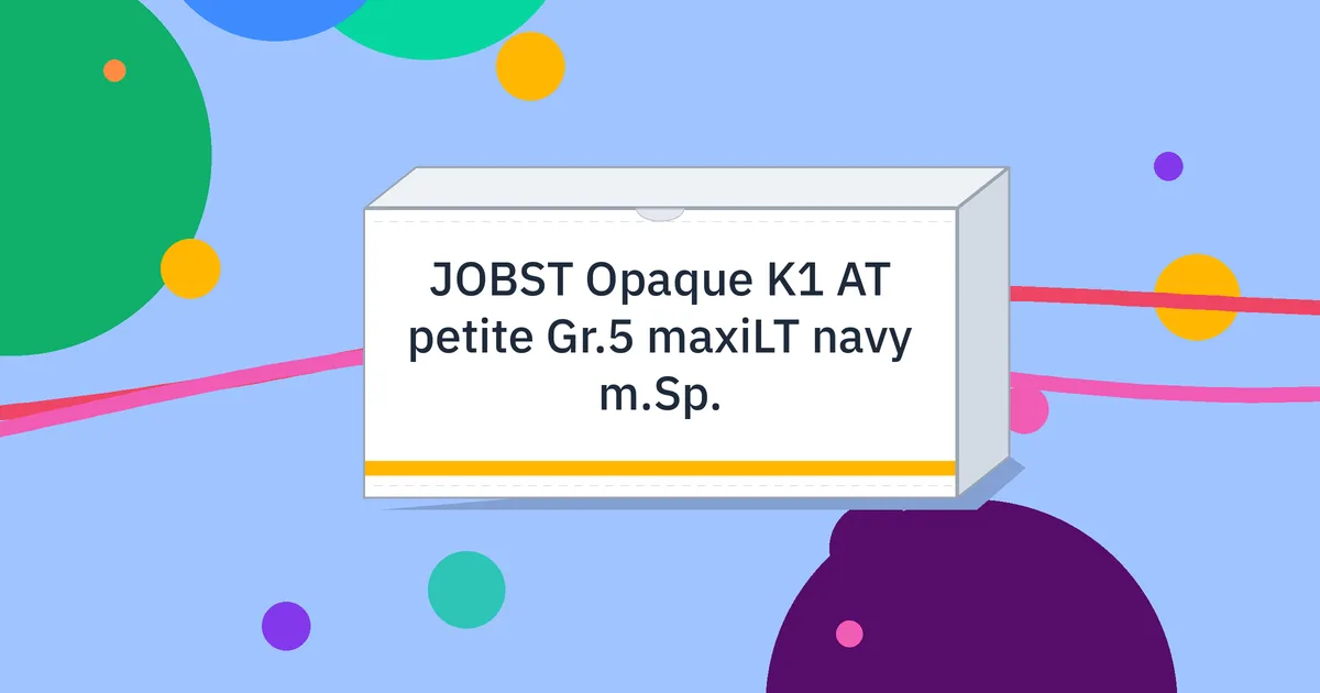 Symbolbild: Packung mit der Aufschrift JOBST Opaque K1 AT petite Gr.5 maxiLT navy m.Sp. (PZN 13102788) – Verfügbarkeit und Bezug in Apotheken in Frankfurt am Main