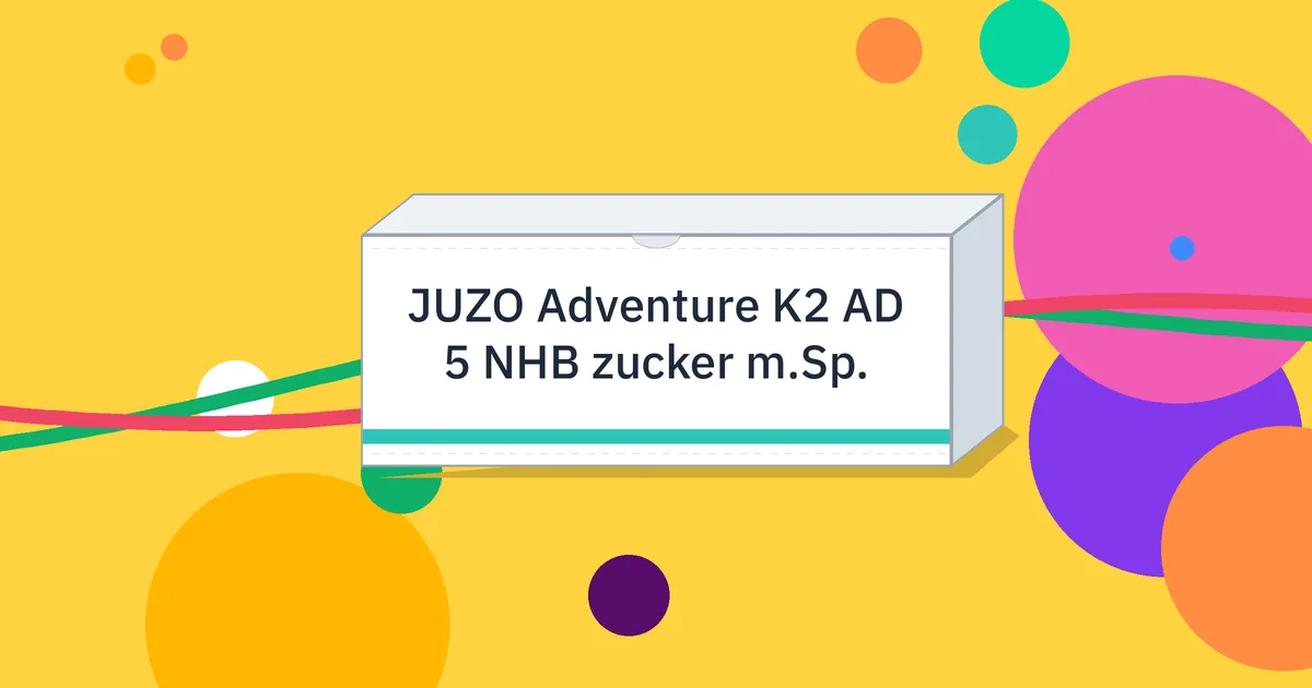 Symbolbild: Packung mit der Aufschrift JUZO Adventure K2 AD 5 NHB zucker m.Sp. (PZN 16342814) – Verfügbarkeit und Bezug in Apotheken in Frankfurt am Main