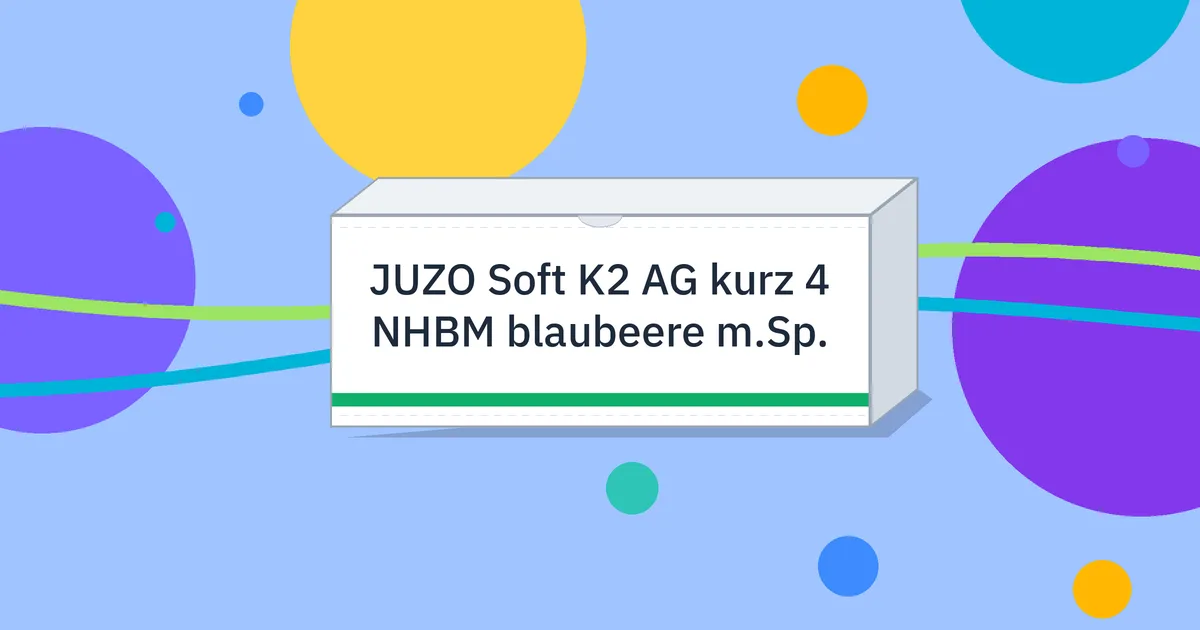 Symbolbild: Packung mit der Aufschrift JUZO Soft K2 AG kurz 4 NHBM blaubeere m.Sp. (PZN 15020422) – Verfügbarkeit und Bezug in Apotheken in Frankfurt am Main