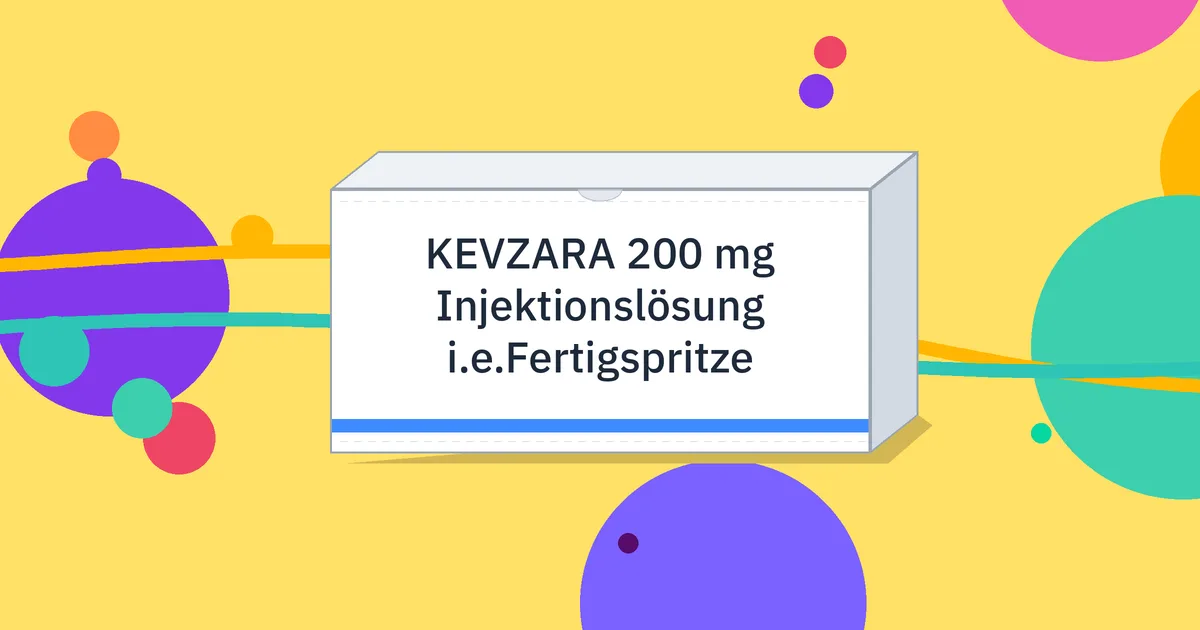 Symbolbild: Packung mit der Aufschrift KEVZARA 200 mg Injektionslösung i.e.Fertigspritze (PZN 18189920) – Verfügbarkeit und Bezug in Apotheken in Frankfurt am Main