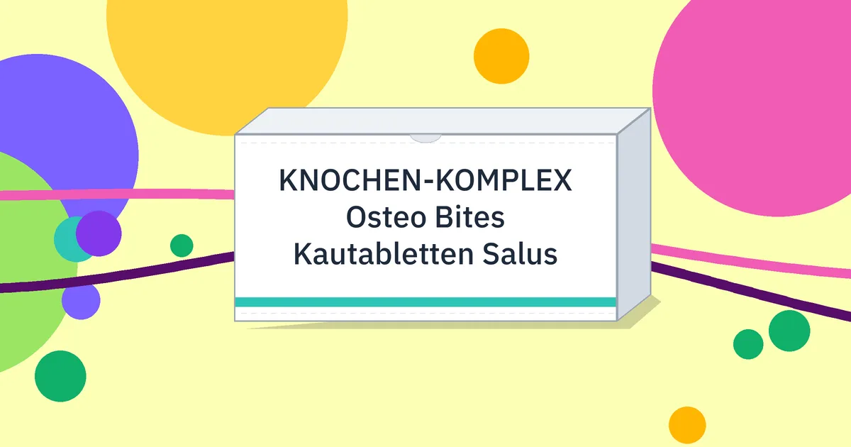 Symbolbild: Packung mit der Aufschrift KNOCHEN-KOMPLEX Osteo Bites Kautabletten Salus (PZN 19130567) – Verfügbarkeit und Bezug in Apotheken in Frankfurt am Main
