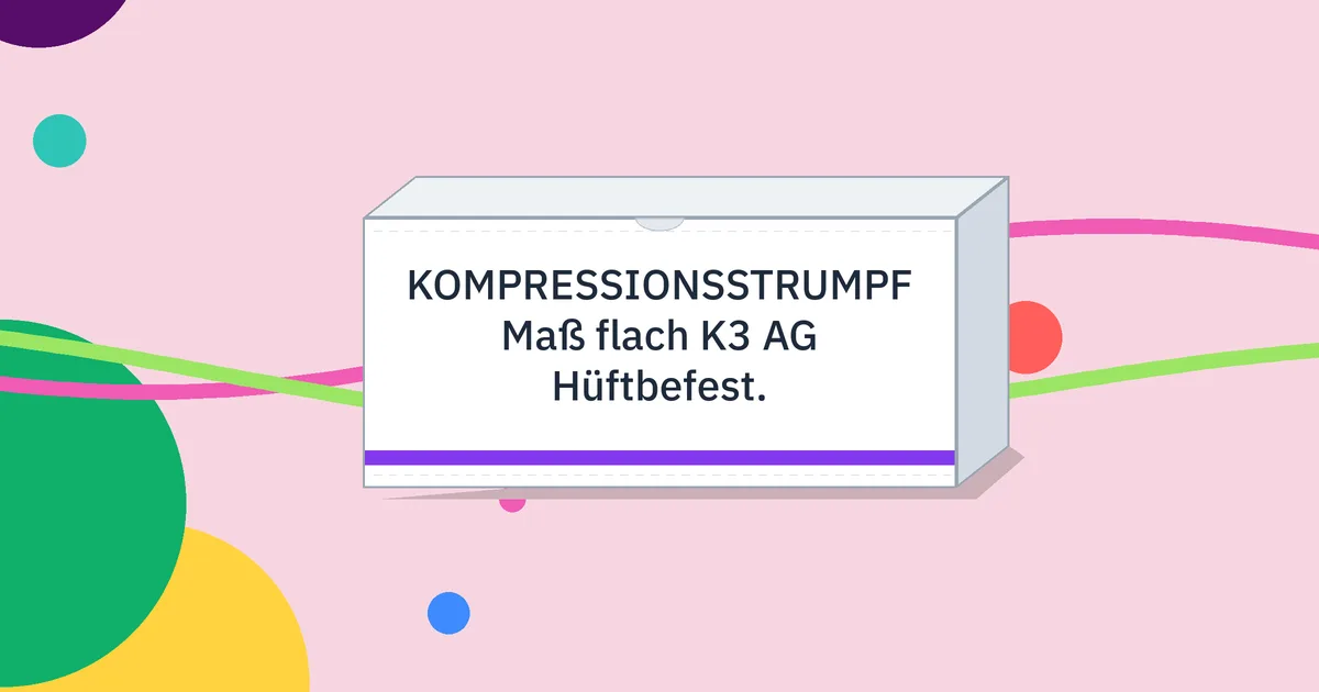 Symbolbild: Packung mit der Aufschrift KOMPRESSIONSSTRUMPF Maß flach K3 AG Hüftbefest. (PZN 16745423) – Verfügbarkeit und Bezug in Apotheken in Frankfurt am Main