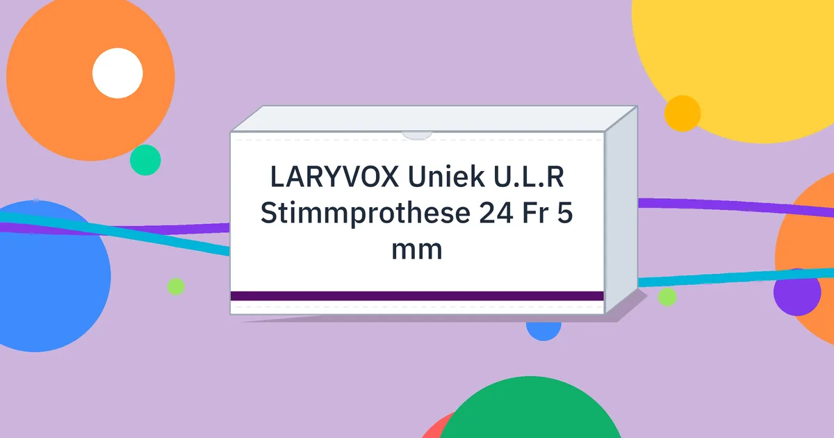 Symbolbild: Packung mit der Aufschrift LARYVOX Uniek U.L.R Stimmprothese 24 Fr 5 mm (PZN 18791373) – Verfügbarkeit und Bezug in Apotheken in Frankfurt am Main