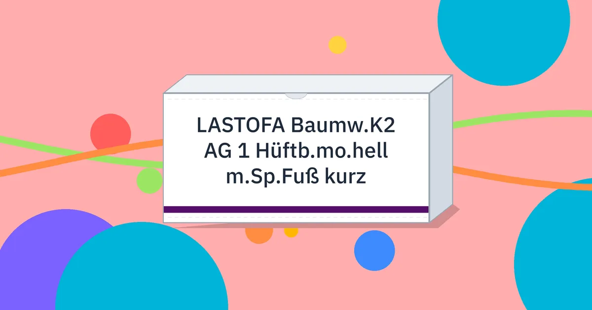 Symbolbild: Packung mit der Aufschrift LASTOFA Baumw.K2 AG 1 Hüftb.mo.hell m.Sp.Fuß kurz (PZN 01949338) – Verfügbarkeit und Bezug in Apotheken in Frankfurt am Main