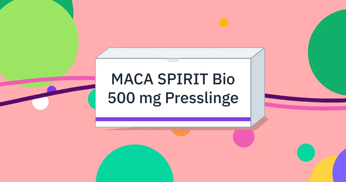 Symbolbild: Packung mit der Aufschrift MACA SPIRIT Bio 500 mg Presslinge (PZN 10187620) – Verfügbarkeit und Bezug in Apotheken in Frankfurt am Main