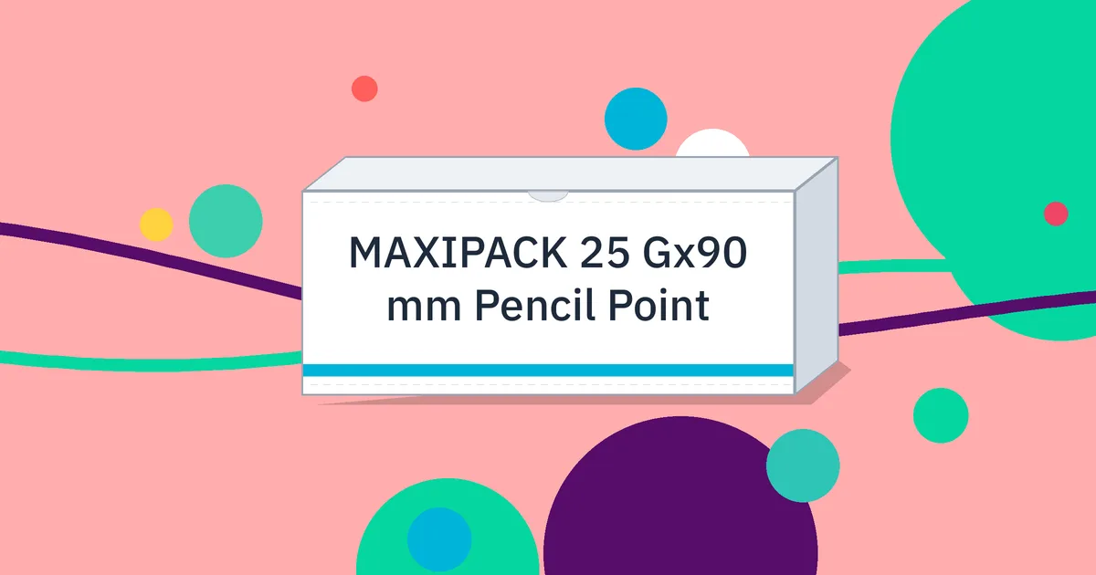 Symbolbild: Packung mit der Aufschrift MAXIPACK 25 Gx90 mm Pencil Point (PZN 09217770) – Verfügbarkeit und Bezug in Apotheken in Frankfurt am Main