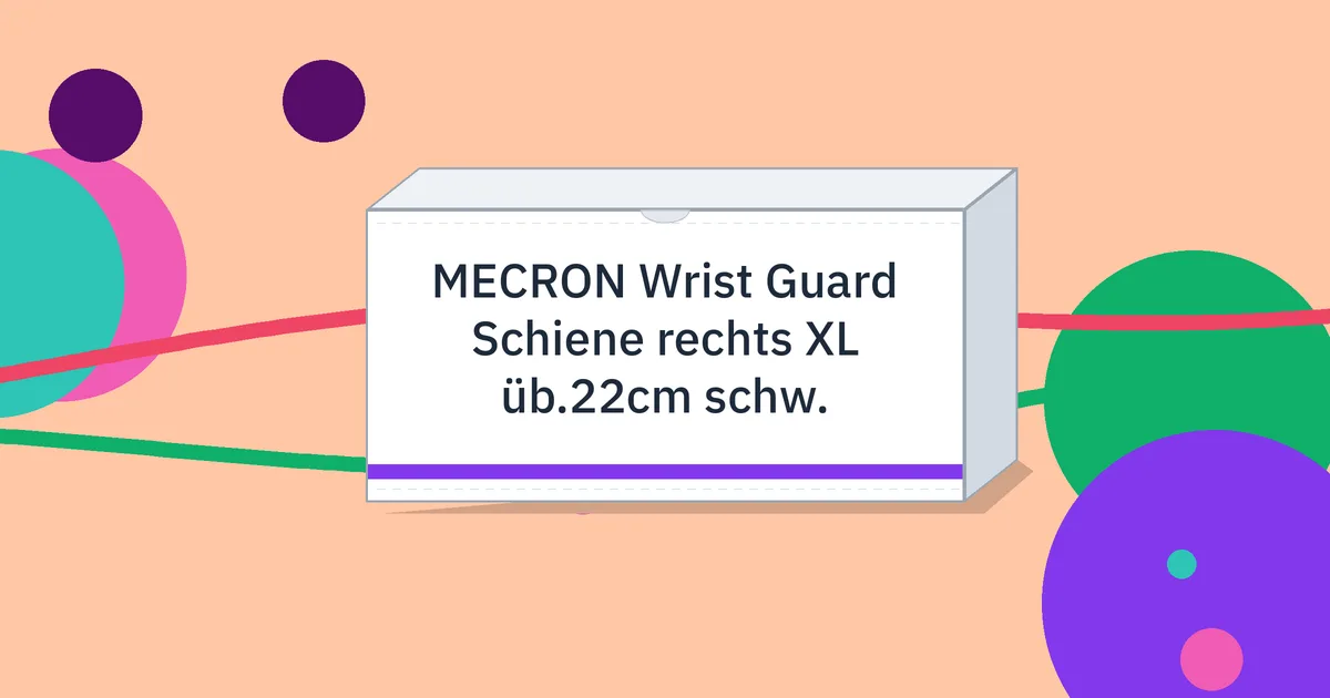 Symbolbild: Packung mit der Aufschrift MECRON Wrist Guard Schiene rechts XL üb.22cm schw. (PZN 16630921) – Verfügbarkeit und Bezug in Apotheken in Frankfurt am Main