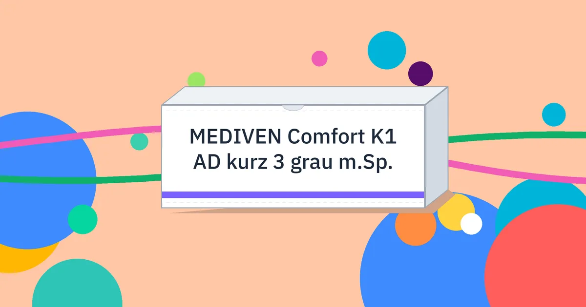 Symbolbild: Packung mit der Aufschrift MEDIVEN Comfort K1 AD kurz 3 grau m.Sp. (PZN 19005879) – Verfügbarkeit und Bezug in Apotheken in Frankfurt am Main