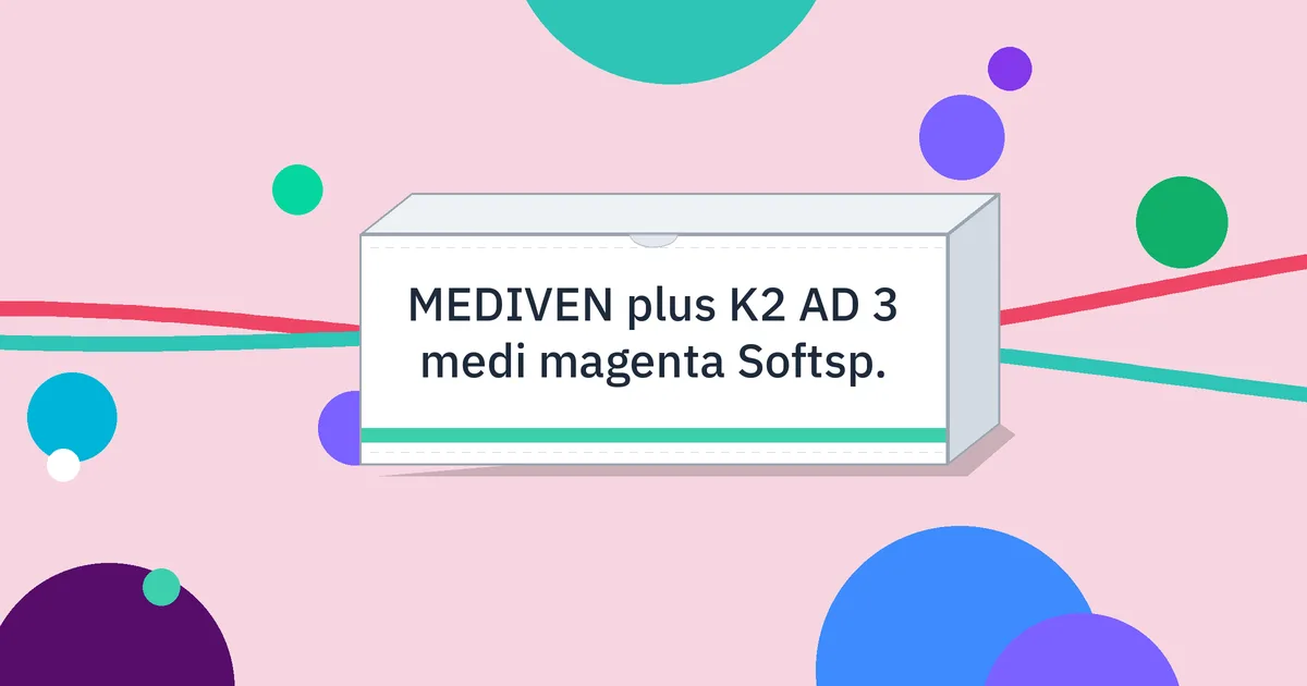 Symbolbild: Packung mit der Aufschrift MEDIVEN plus K2 AD 3 medi magenta Softsp. (PZN 15093409) – Verfügbarkeit und Bezug in Apotheken in Frankfurt am Main