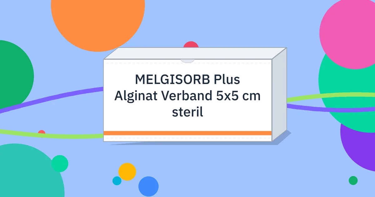 Symbolbild: Packung mit der Aufschrift MELGISORB Plus Alginat Verband 5x5 cm steril (PZN 10781895) – Verfügbarkeit und Bezug in Apotheken in Frankfurt am Main