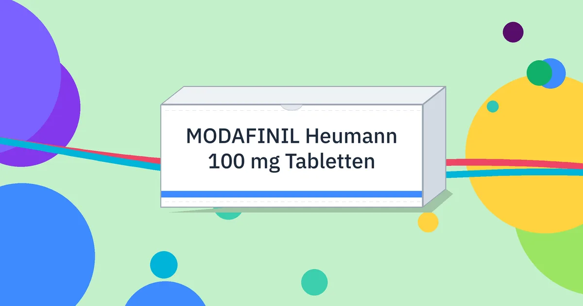 Symbolbild: Packung mit der Aufschrift MODAFINIL Heumann 100 mg Tabletten (PZN 07291213) – Verfügbarkeit und Bezug in Apotheken in Frankfurt am Main