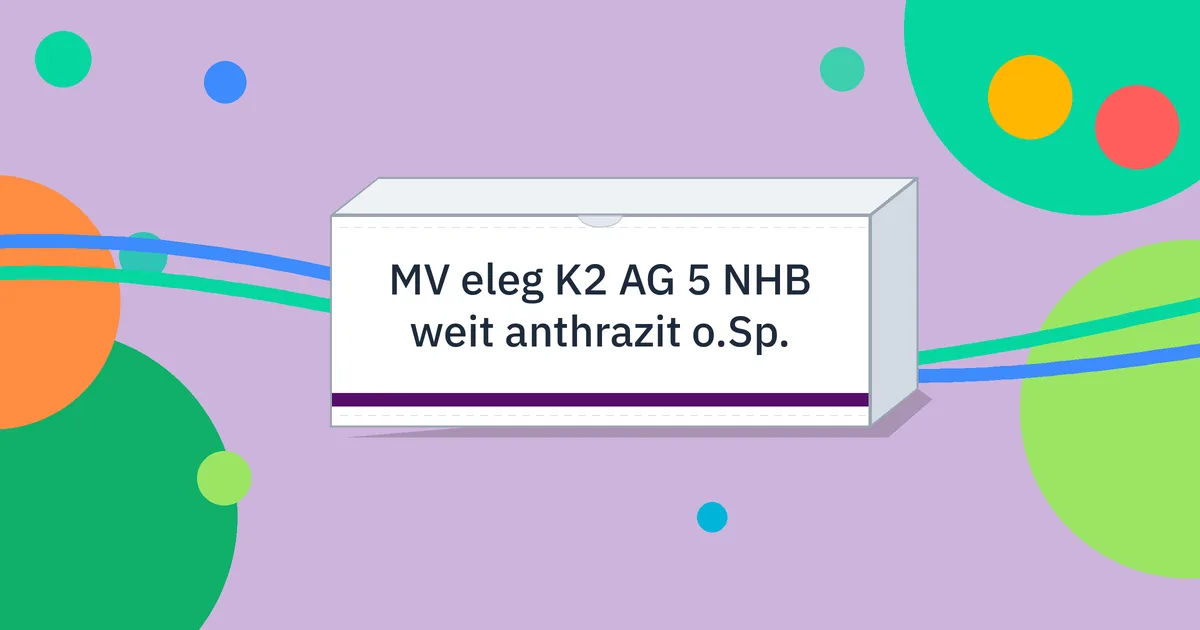 Symbolbild: Packung mit der Aufschrift MV eleg K2 AG 5 NHB weit anthrazit o.Sp. (PZN 15728055) – Verfügbarkeit und Bezug in Apotheken in Frankfurt am Main