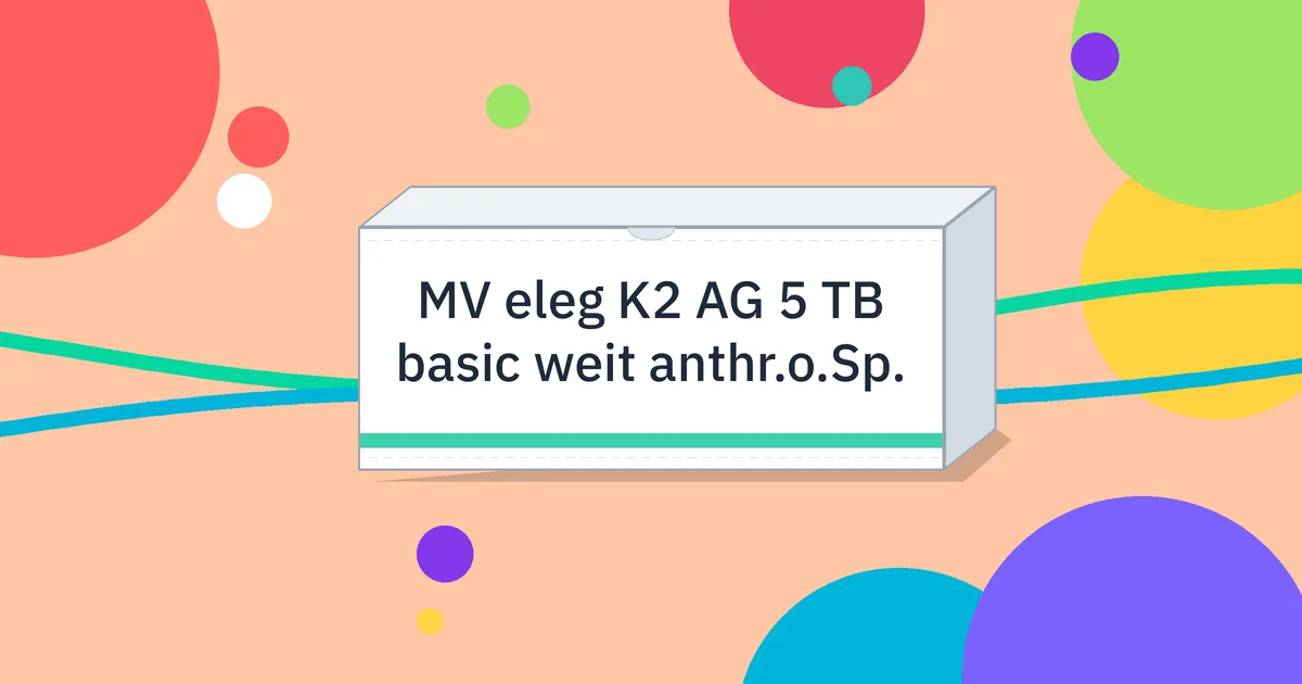 Symbolbild: Packung mit der Aufschrift MV eleg K2 AG 5 TB basic weit anthr.o.Sp. (PZN 00205305) – Verfügbarkeit und Bezug in Apotheken in Frankfurt am Main