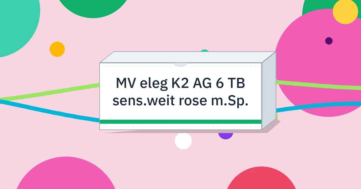 Symbolbild: Packung mit der Aufschrift MV eleg K2 AG 6 TB sens.weit rose m.Sp. (PZN 14699765) – Verfügbarkeit und Bezug in Apotheken in Frankfurt am Main