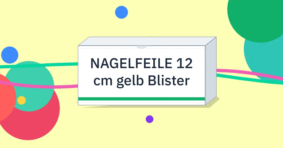 Symbolbild: Packung mit der Aufschrift NAGELFEILE 12 cm gelb Blister (PZN 10349293) – Verfügbarkeit und Bezug in Apotheken in Frankfurt am Main