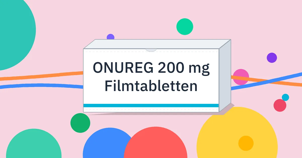 Symbolbild: Packung mit der Aufschrift ONUREG 200 mg Filmtabletten (PZN 19906358) – Verfügbarkeit und Bezug in Apotheken in Frankfurt am Main