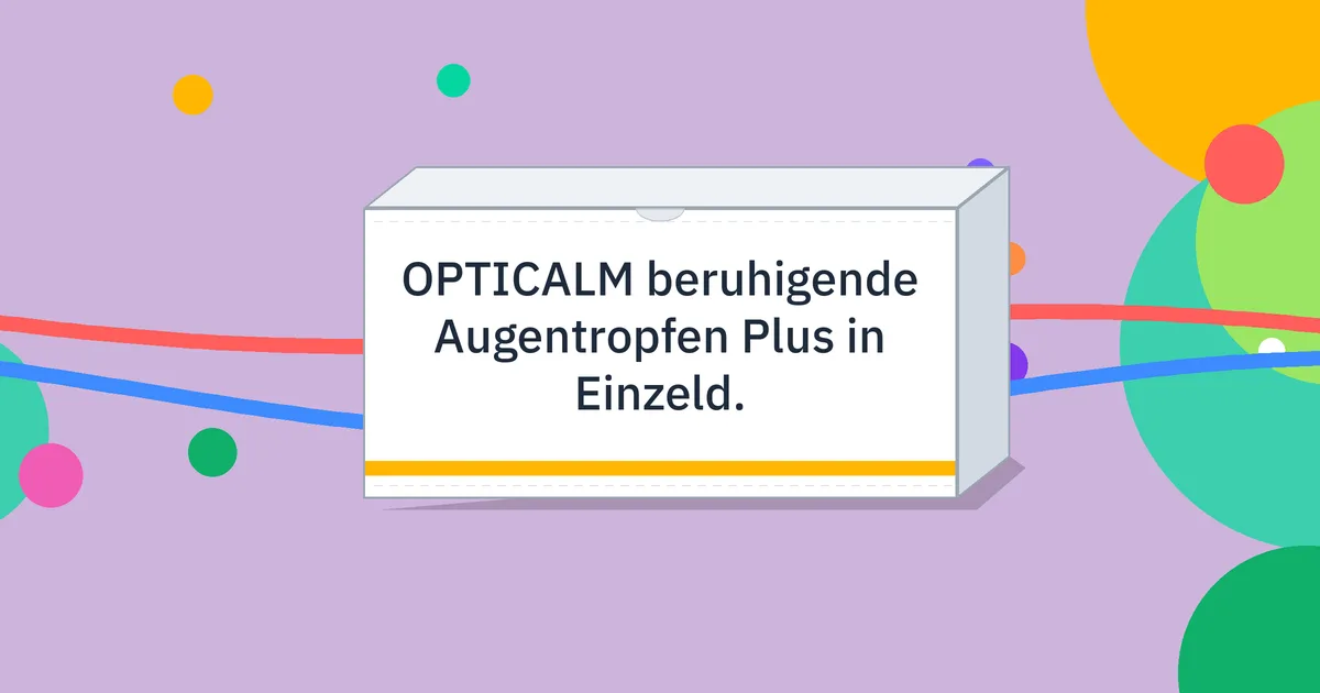 Symbolbild: Packung mit der Aufschrift OPTICALM beruhigende Augentropfen Plus in Einzeld. (PZN 09928991) – Verfügbarkeit und Bezug in Apotheken in Frankfurt am Main