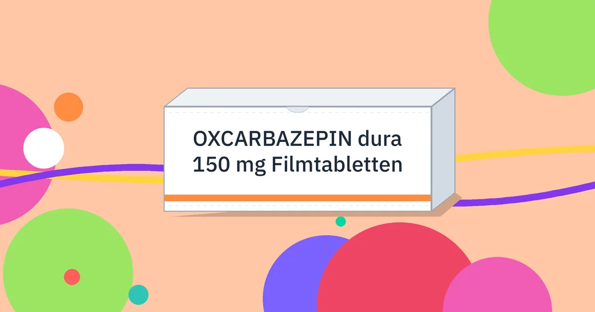 Symbolbild: Packung mit der Aufschrift OXCARBAZEPIN dura 150 mg Filmtabletten (PZN 05048135) – Verfügbarkeit und Bezug in Apotheken in Frankfurt am Main